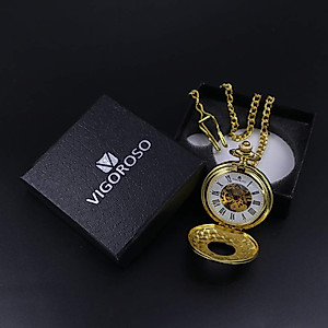 VIGOROSO Mens Pocket Watch with Chain Half Hunter Double Cover Skeleton Mechanical Watches Gold Roman Numeral in Box