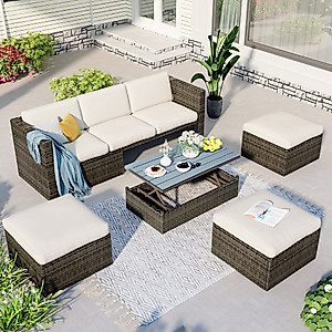 LUMISOL 5 Piece Patio Furniture Set, Outdoor Wicker Sofa Set with Adjustable Backrest, Cushions, Ottomans and Lift Top Coffee Table for Garden, Poolside, Backyard, Balcony, Beige