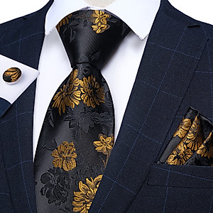 DiBanGu Men Golden Black Floral Neckties Silk Black Floral Tie and Pocket Square Cufflinks Party Wedding