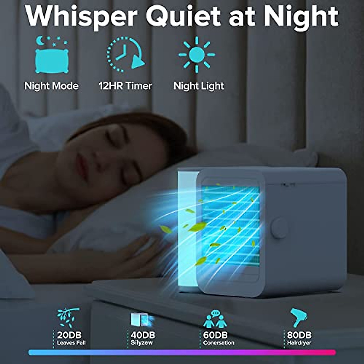 Portable Air Conditioner Fan: Evaporative Mini Air Cooler with 𝟳 𝗖𝗼𝗹𝗼𝗿𝘀, USB Personal Air Cooler Desktop Cooling Fan with 𝟭𝟬𝟬𝟬𝗺𝗹 𝗟𝗮𝗿𝗴𝗲 𝗪𝗮𝘁𝗲𝗿 𝗧𝗮𝗻𝗸 for Room Office Home