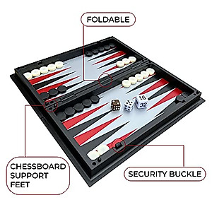 Leksak Games 10'' Magnetic Chess Checkers Backgammon Set 3 in 1 - Travel Board Games Portable Case Folding Board - Beginner Chess Set for Kids and Adults - 30 Checkers Pieces