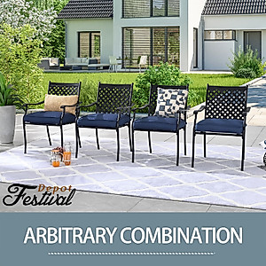 Festival Depot 4 Piece Outdoor Patio Furniture Outdoor Wrought Iron Dining Chairs Set for Porch Lawn Garden Balcony Pool Backyard with Arms and Cushions (4Pcs) (Blue)