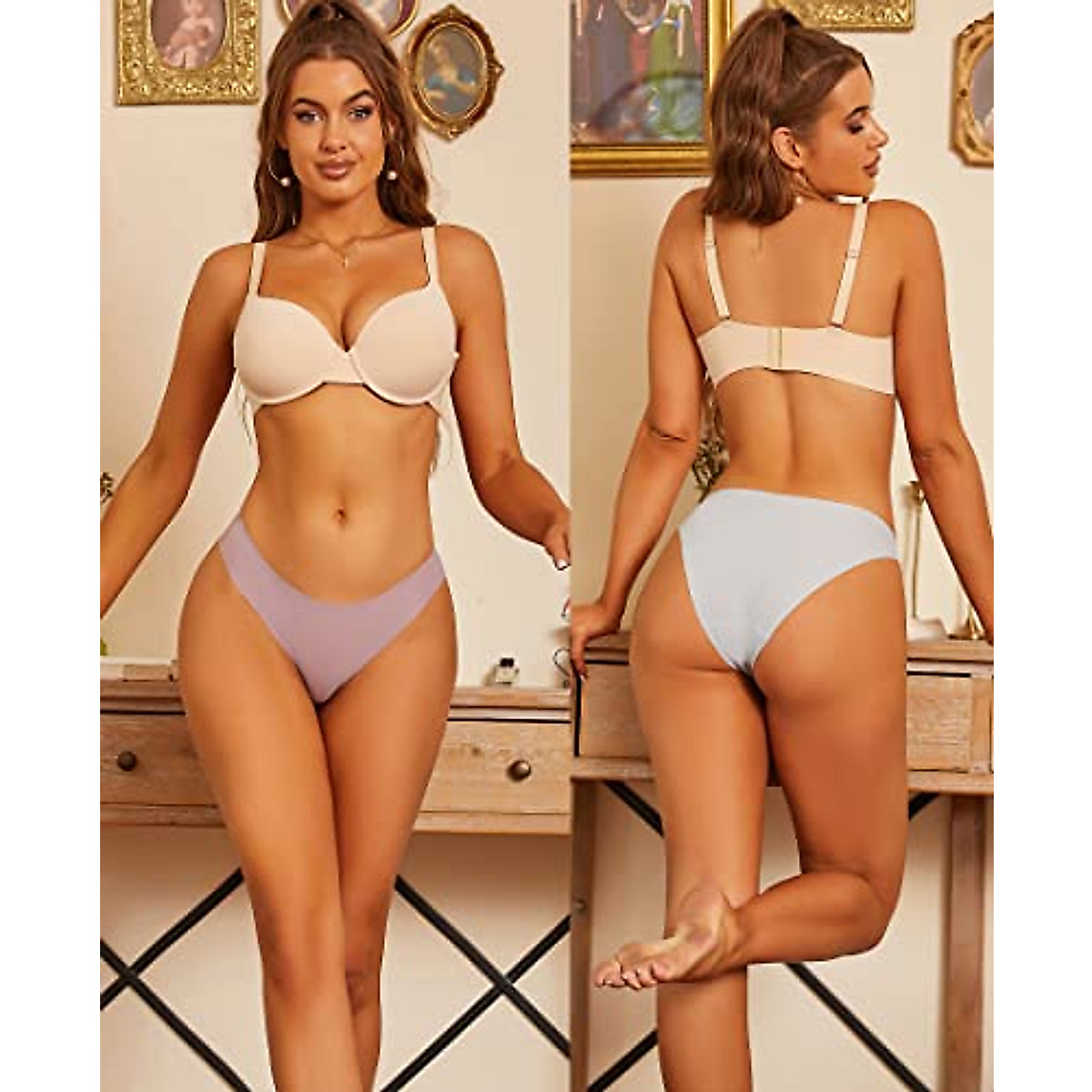 Knowyou 6 Pack Seamless Underwear for Women Sexy No Show Bikini Panties High Cut Hipster Breathable Stretchy Soft Briefs for Ladies