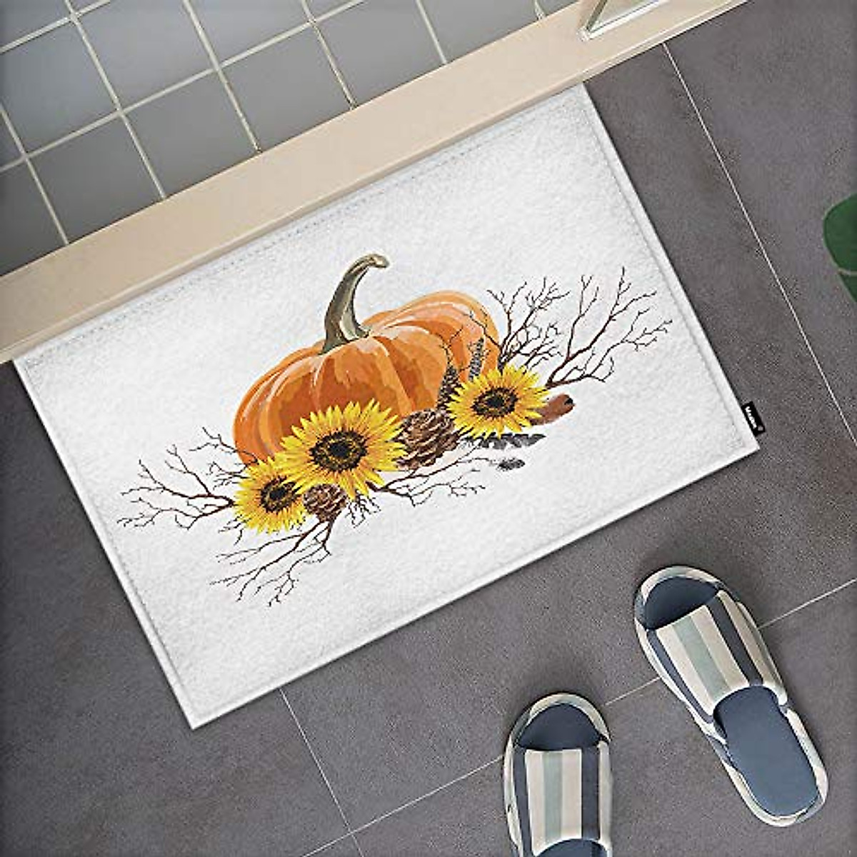Moslion Door Mat Pumpkins and Sunflowers Fall Harvest Feather Pine Cone Tree Branch Non Slip Funny Doormat for Outdoor Indoor Decor Entry Rug Kitchen Bedroom Mat 15.7 x 23.6 Inch