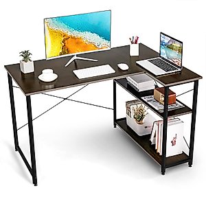 Tangkula L-Shaped Computer Desk with Reversible Shelves, 48 Inch Corner Computer Desk, Modern Writing Study Desk Home Office Workstation, Space Saving Design (48 Inch, Brown)