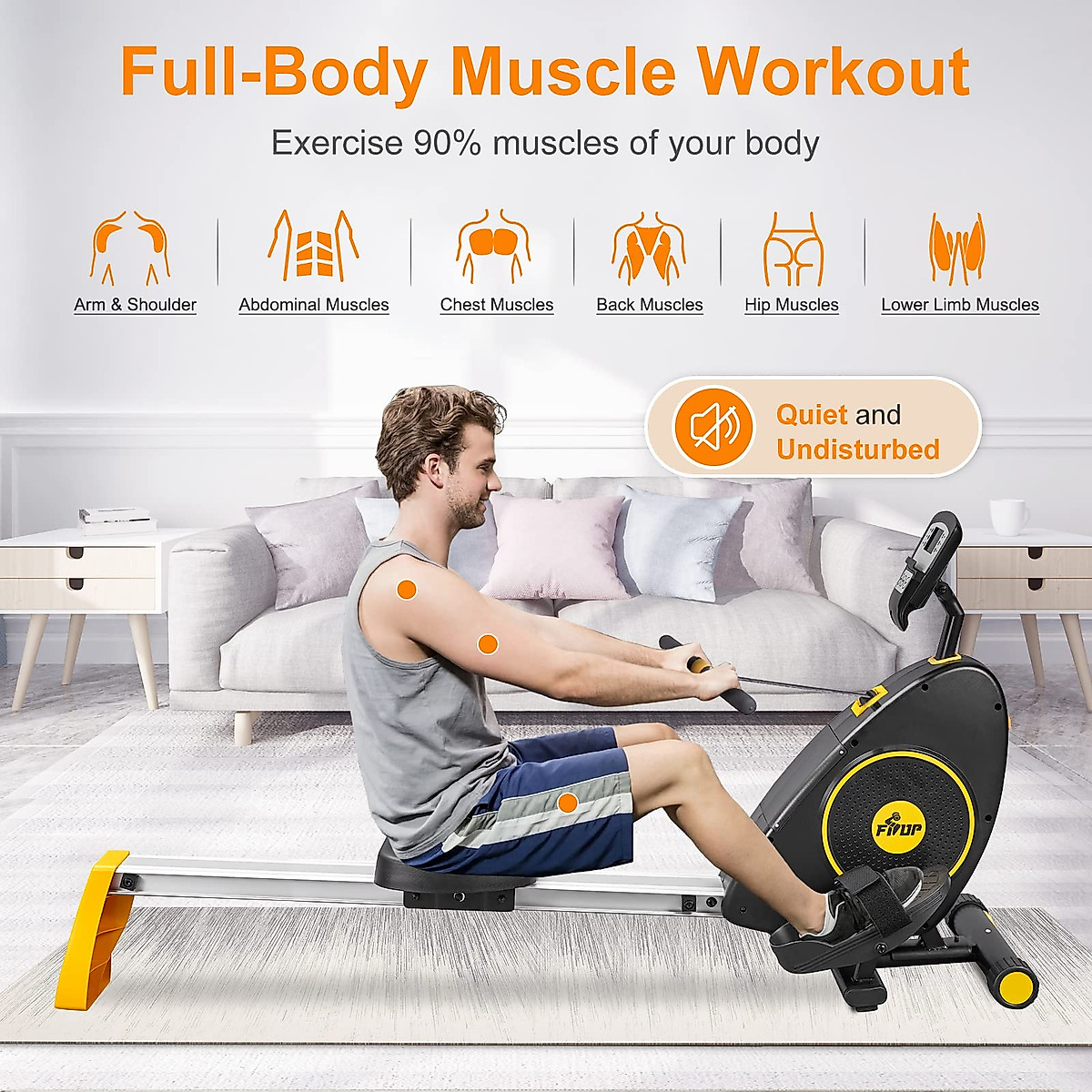 FISUP Rowing Machine 265LB Weight Capacity for Home Use with LCD Monitor and Comfortable Seat Cushion,50 Inch Slide Rail Indoor Rowing Machine for Cardio Training