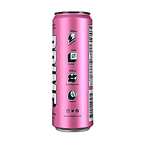 PRIME HYDRATION Energy Drink Strawberry Watermelon, Naturally Flavored, 200mg Caffeine, Zero Sugar, 300mg Electrolytes, Vegan, 12 Fl Oz per Can (Pack of 12)