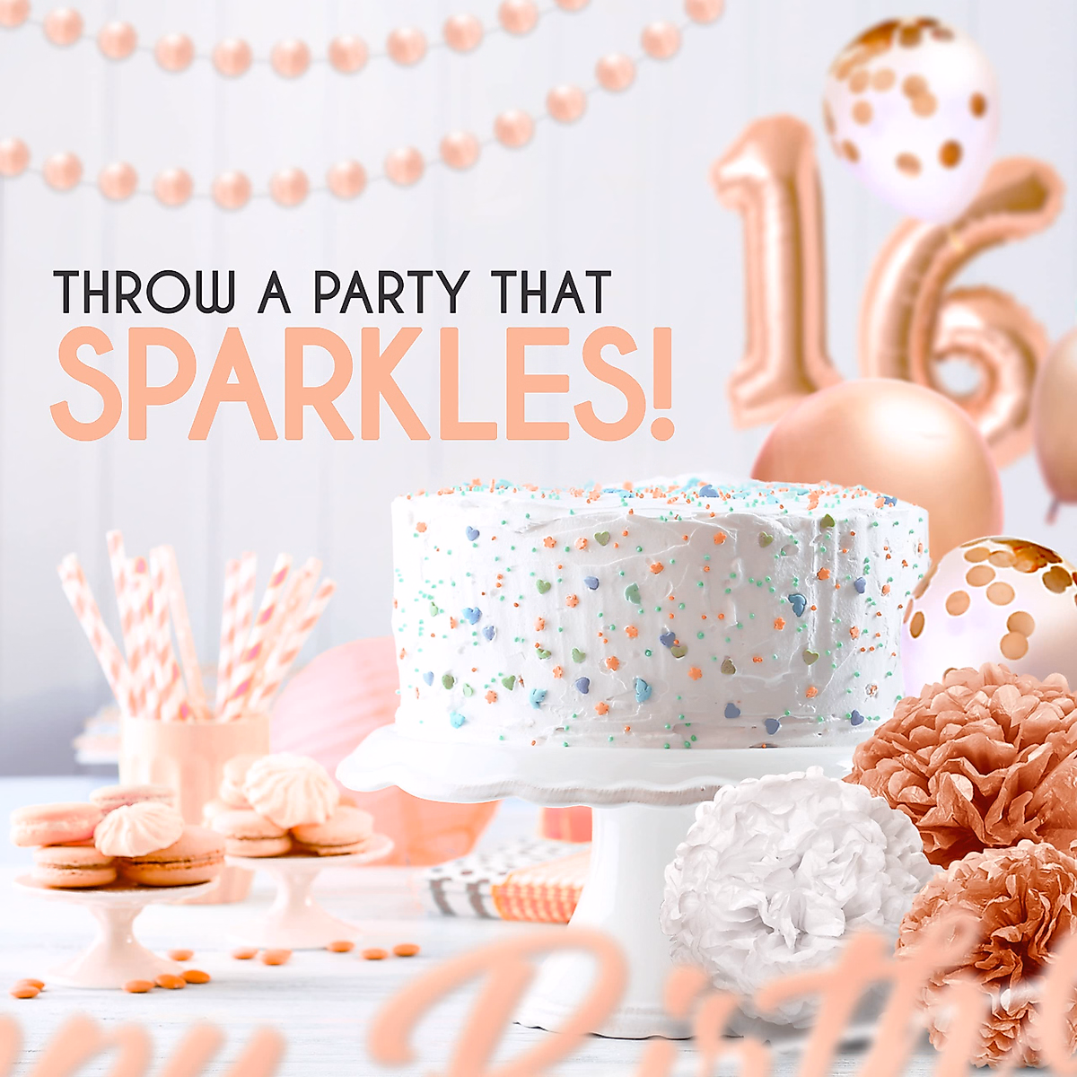 EpiqueOne 41-Piece Rose Gold Sweet 16 Birthday Decoration for Girls | Includes Happy Birthday Banner, Cake Topper, Tissue Pom Poms & More | Easy to Set Up | Also Ideal for Bridal & Baby Showers & More