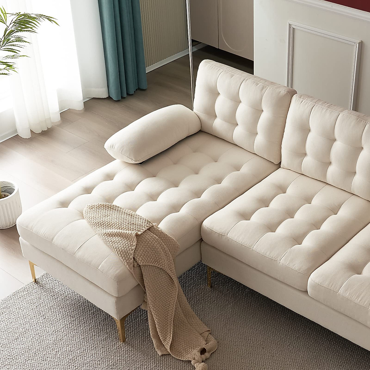 Imseigo 110" Modern Large Reversible Sectional Sofa,Modular Living Room U-Shape 4-Seater Couch with Linen Fabric for Small Space,with Extra Wide Chaise Lounge (Linen Fabric, Lattice Creamy White)