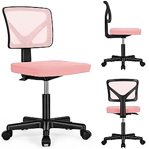 NEWBULIG Small Office Chair Armless with Wheels, Swivel Desk Seat with Back Lumbar Support Height Adjustable for Home Study Vanity, Mesh Surface, Pink
