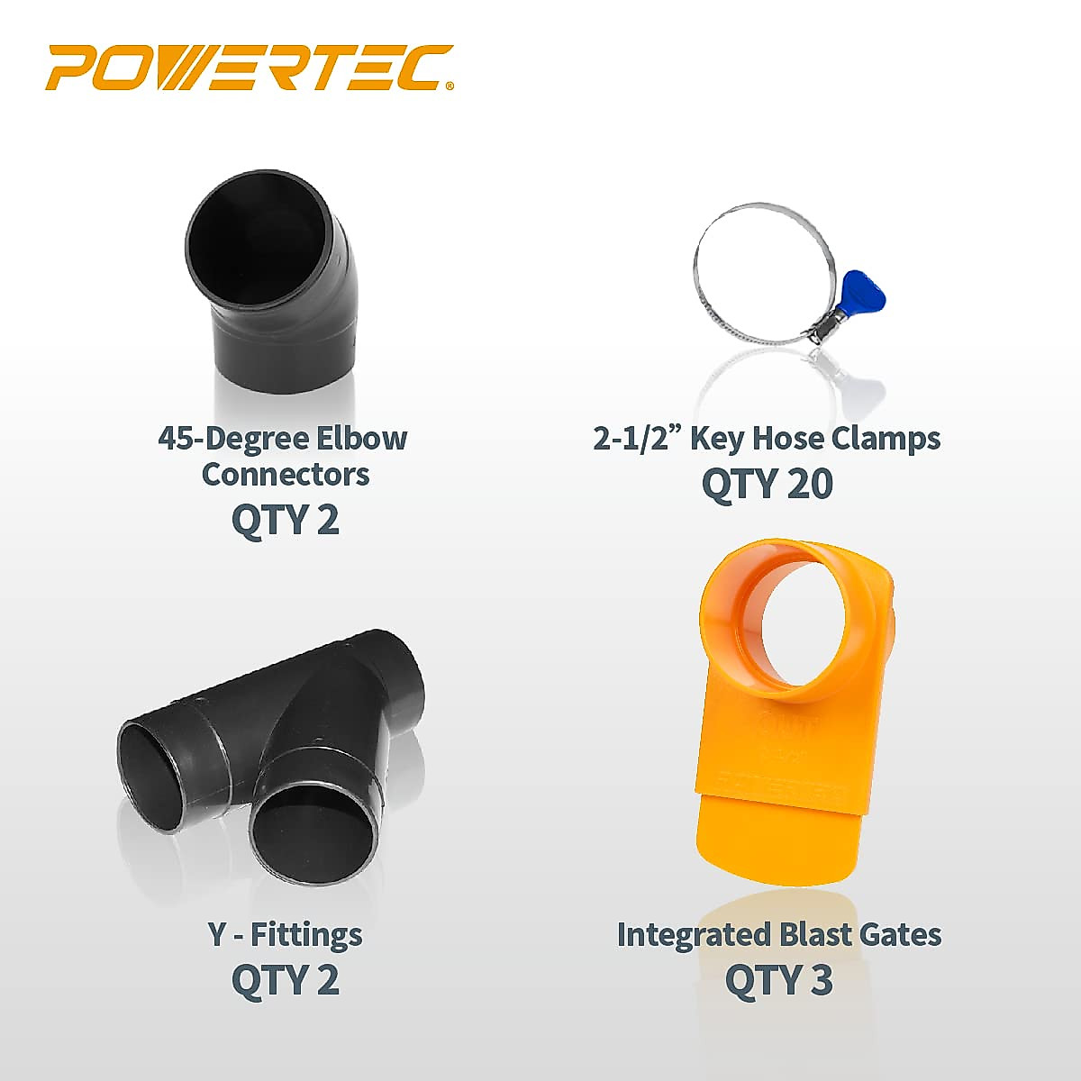 POWERTEC 70315 2-1/2-Inch Dust Collection Fittings Kit w/Connectors, Blast Gates and Clamps – Three Machine Set-Up