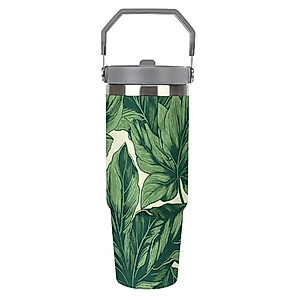 WITHSBKK 30oz Car Cup Green Foliage Botanical Printed with Portable, Stainless Steel Travel Mug, Vacuum Insulated Tumbler And Straw, Leakproof for Car & Outdoor, UV Printed Design
