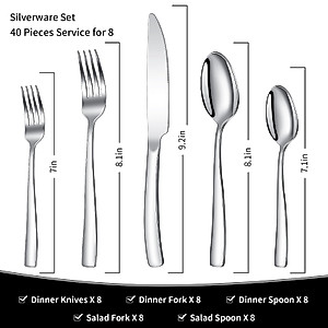 40-Piece Silverware Set, Heavy Duty Stainless Steel Flatware Set Service for 8, Modern Design Cutlery Utensil Sets, Dinner Fork Knife Spoon Eating Tableware Sets for Home, Dishwasher Safe