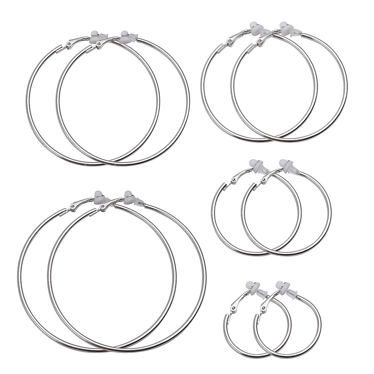5 Pairs Silver Clip on Earrings Hoop Non Piercing Women Clip Earrings for Women, 5 Sizes