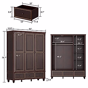 ECACAD Large Wardrobe Armoire with 6 Compartments, 3 Drawers, Hanging Rod & 3 Doors, Wooden Closet Storage Cabinet with Shelves for Bedroom, Dark Brown (63" W x 18.9" D x 78.7" H)