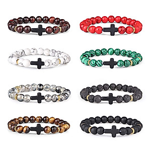 YADOCA 8 Pcs 8MM Beads Bracelet for Men Women Lava Rock Tiger Eye Stone Howlite Natural Stone Stretch Elastic Cross Bracelet Set