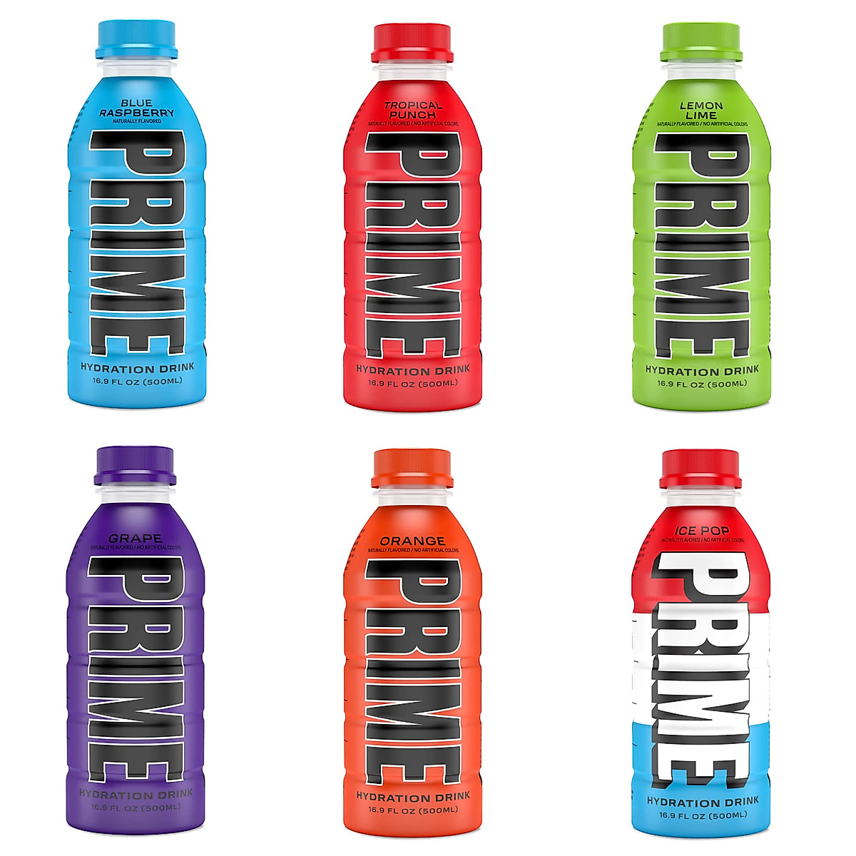 Prime Hydration Drink 6 Flavor Variety 12 Pack (2 of each flavor) Lemon Lime, Tropical Punch, Blue Raspberry, Orange, Grape & Ice Pop