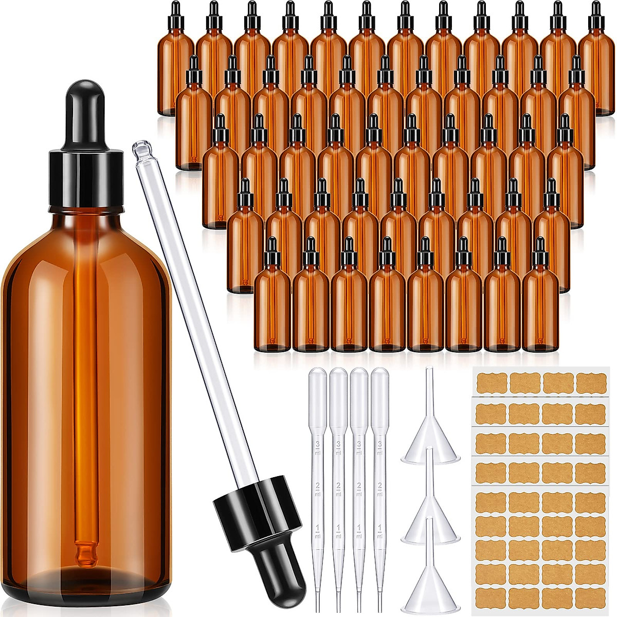Lallisa 48 Pcs Glass Dropper Bottles with Eye Dropper Dispensers Lab Dropping Bottles with 4 Pcs Long Pipettes 4 Funnel and 80 Label for Travel Cuticle Massage Essential Oils Perfume (Amber,4 oz)