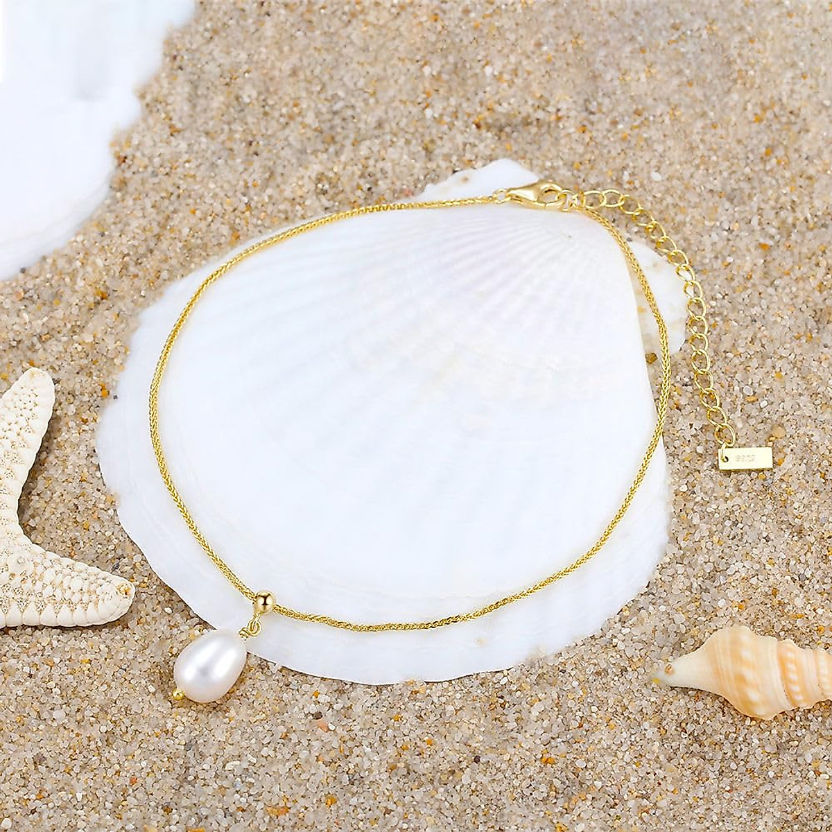 100% 925 sterling silver white freshwater pearl with a ball charm accent on slim and sleek summer beach anklets for women gold plated jewelry, 9-11inches (silver)