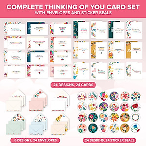 Decorably 24 Pack Floral Thinking of You Cards with Envelopes & Stickers, 24 Unique Designs Printed Message Thinking of You Cards Assortment Box with Envelopes, 6x4in Thinking of You Greeting Cards