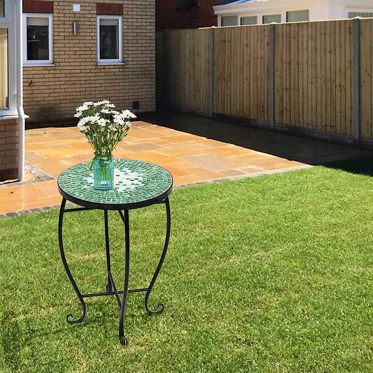 yzohu Birsppy Amuro Mosaic Accent Table Round Side Table, Wrought Iron Stained Glass Patio Flower Stand Outdoor Coffee End Table, Indoor Outdoor for Patio Lawn Garden Home (Green Surface)