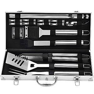 grilljoy 20PCS Heavy Duty BBQ Grill Tools Set - Extra Thick Stainless Steel Spatula, Fork& Tongs - Complete Barbecue Accessories Kit in Aluminum Storage Case - Perfect Grill Gifts for Men