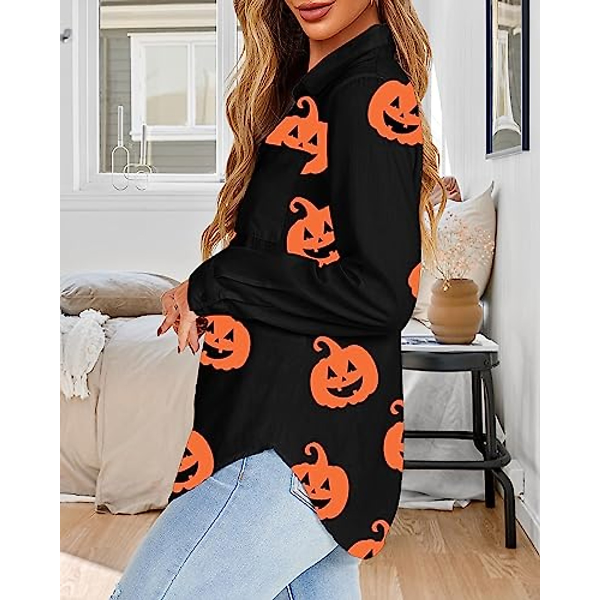Nulibenna Halloween Button Down Shirts Tops for Women Long Sleeve Pumpkin Graphic Print Blouses