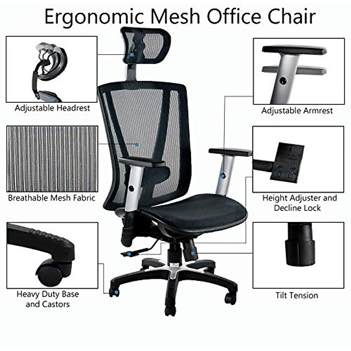 Ergomax MSH112BK Ergonomic Adjustable Home Office All Mesh Desk, Lumbar Support & Back Relief Breathable Chair, 53 inch Max Height, Black