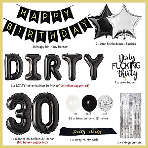 Fangleland 30th Birthday Party Decorations Silver and Black, Dirty Thirty Banner Balloon Dirty 30 Sash Cake Topper for for Her Him 30 Years Old Birthday Party Supplies