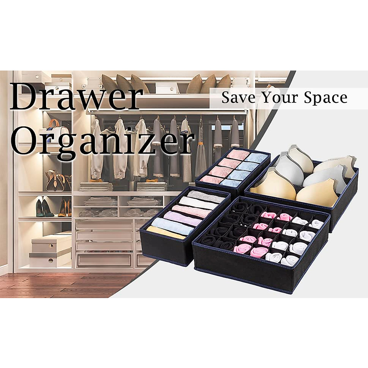 4-Pack Drawer Organizer Clothes - Neatly Store Socks, Belts, Bras & Underwear with Foldable Zip Lock Design & Non-Woven Fabric - Effortless Dresser Organizer