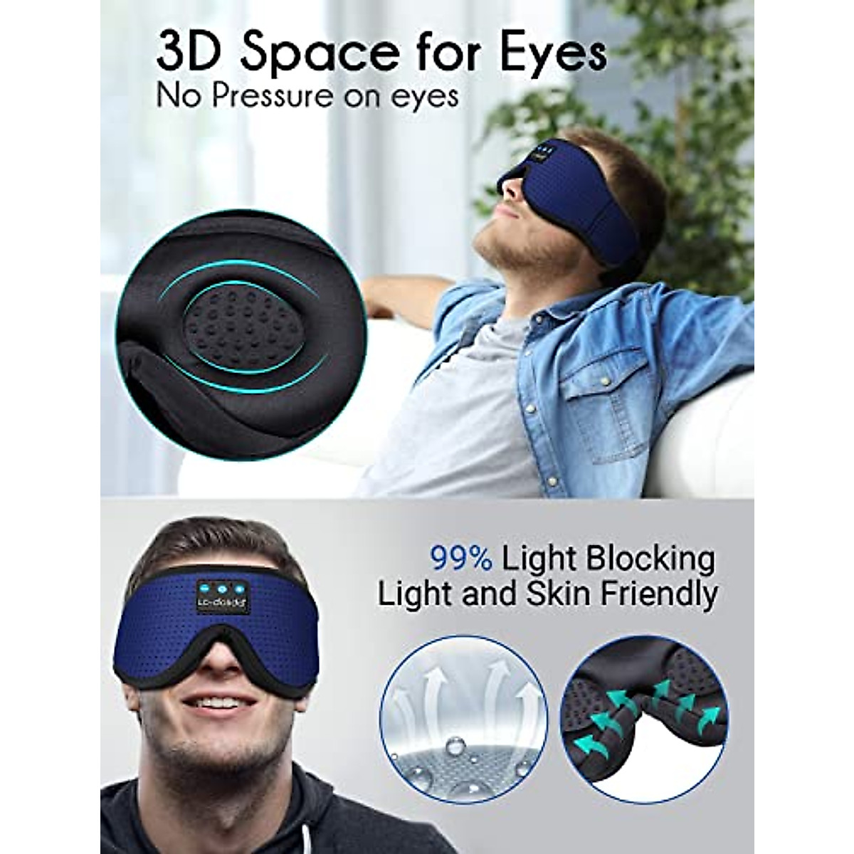 LC-dolida Bluetooth Sleep Mask Sleep Headphones Smart Auto Off Timer Sleeping Headphones for Side Sleepers Breathable 3D Music Eye Mask Cool Tech Gadgets Birthday Holiday Unique Gifts for Men