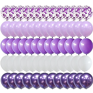 DUILE 60Pcs Metallic Purple and White Latex Lavender Lilac Balloons 12inch Purple Confetti Balloons for Birthday Bridal Shower Wedding Party Decorations