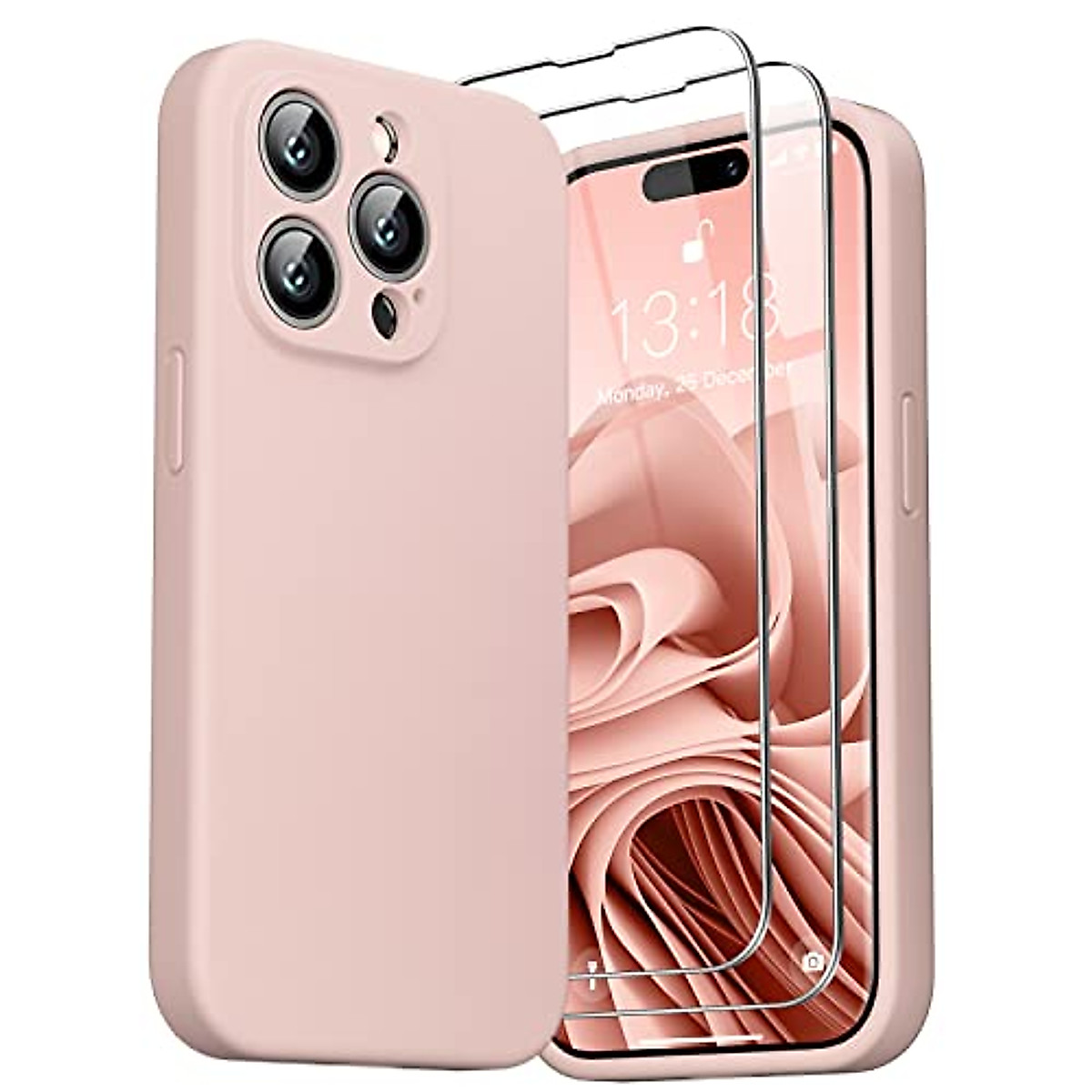 GOODVISH 3 in 1 Designed for iPhone 14 Pro Silicone Case 2022, with 2 Pack Screen Protector, Full Cover [Enhanced Camera Protection] 6.1" Soft 14pro Case[Anti-Scratch Microfiber Lining], Sand Pink