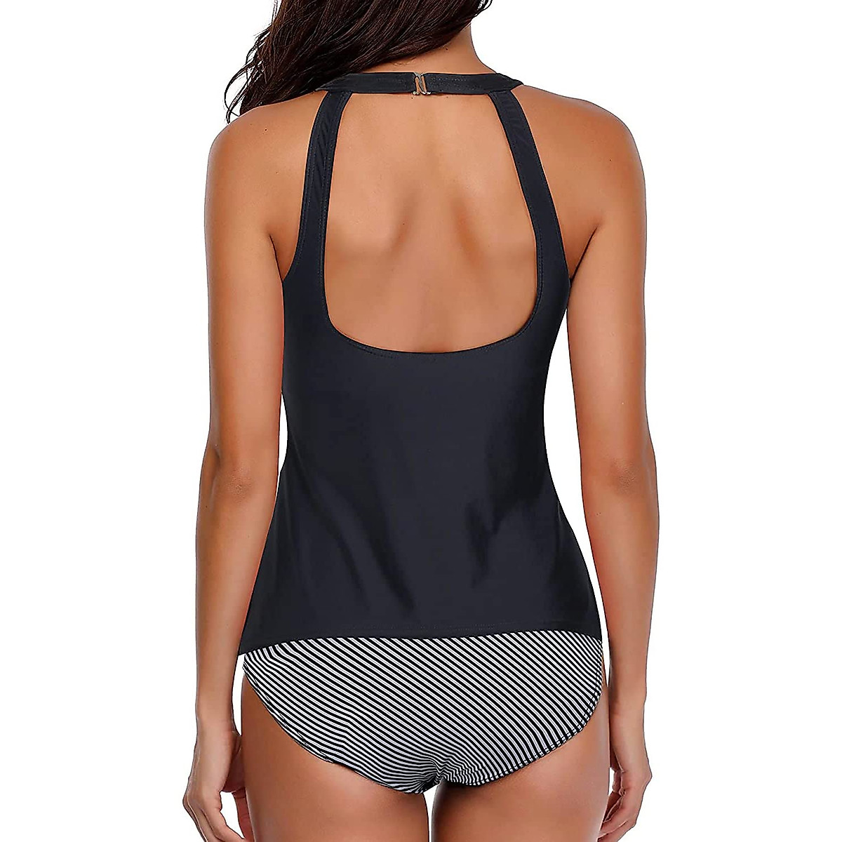 Holipick Women Black Tankini Swimsuits High Neck Swim Tank Tops Tummy Control Two Piece Bathing Suits Halter Swimwear XL