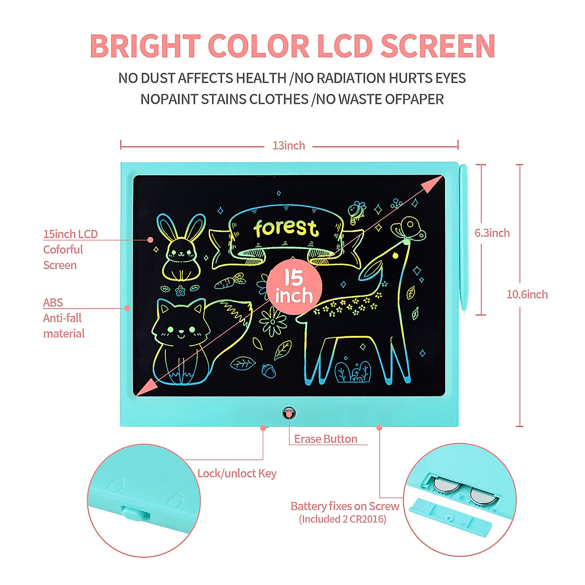 LCD Writing Tablet for Kids, 15 Inch Colorful Electronic Doodle Board for Kids Age 3+ Toys Christmas Birthday Erasable Drawing Tablet Toddler Learning Toys