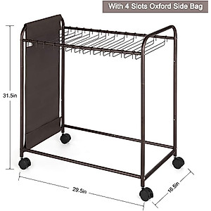 Pants Hangers Rolling Trolley Rack with 20 Hangers and Side Bag Metal Pants Rack Closet Organizer for Jeans Trousers Scarves Skirts, Bronze