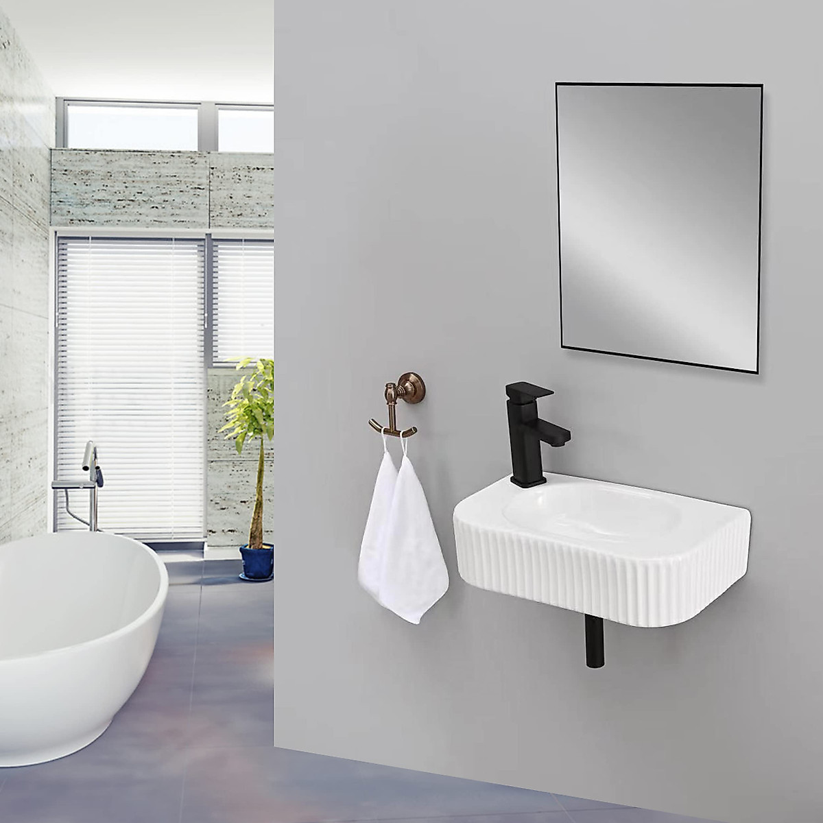 Hiomiestiy Bathroom Vessel Sink Rectangular Wall Mount Sink White Wall Mounted Bathroom Sink with Faucet and Drain White Porcelain Ceramic Washing Small Bathroom Vanity Sink