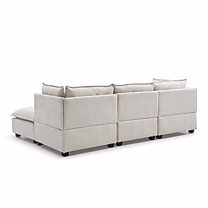 kevinplus 99.3'' Sectional Sofa Couch Cloud Sofa Couch Dupes with Feather Filled for Living Room, Modern Modular 3-Seat L-Shape Sofa Couch with Convertible Ottoman, Linen Fabric, Beige