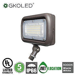 GKOLED 45W Outdoor Security LED Flood Lights 120-277V, Waterproof, 150W PSMH Equivalent, 5400 Lumens, 5000K Daylight White, 70CRI, UL-Listed, 1/2" Adjustable Knuckle Mount