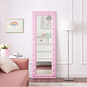 Full Length Mirror with Stand – Burst-Proof, Crystal Tufted Design for Bedroom, Girls Room, and More – Large, Wall Mounted, Floor Length Mirror with Shatterproof Glass and Versatile Mounting - Pink