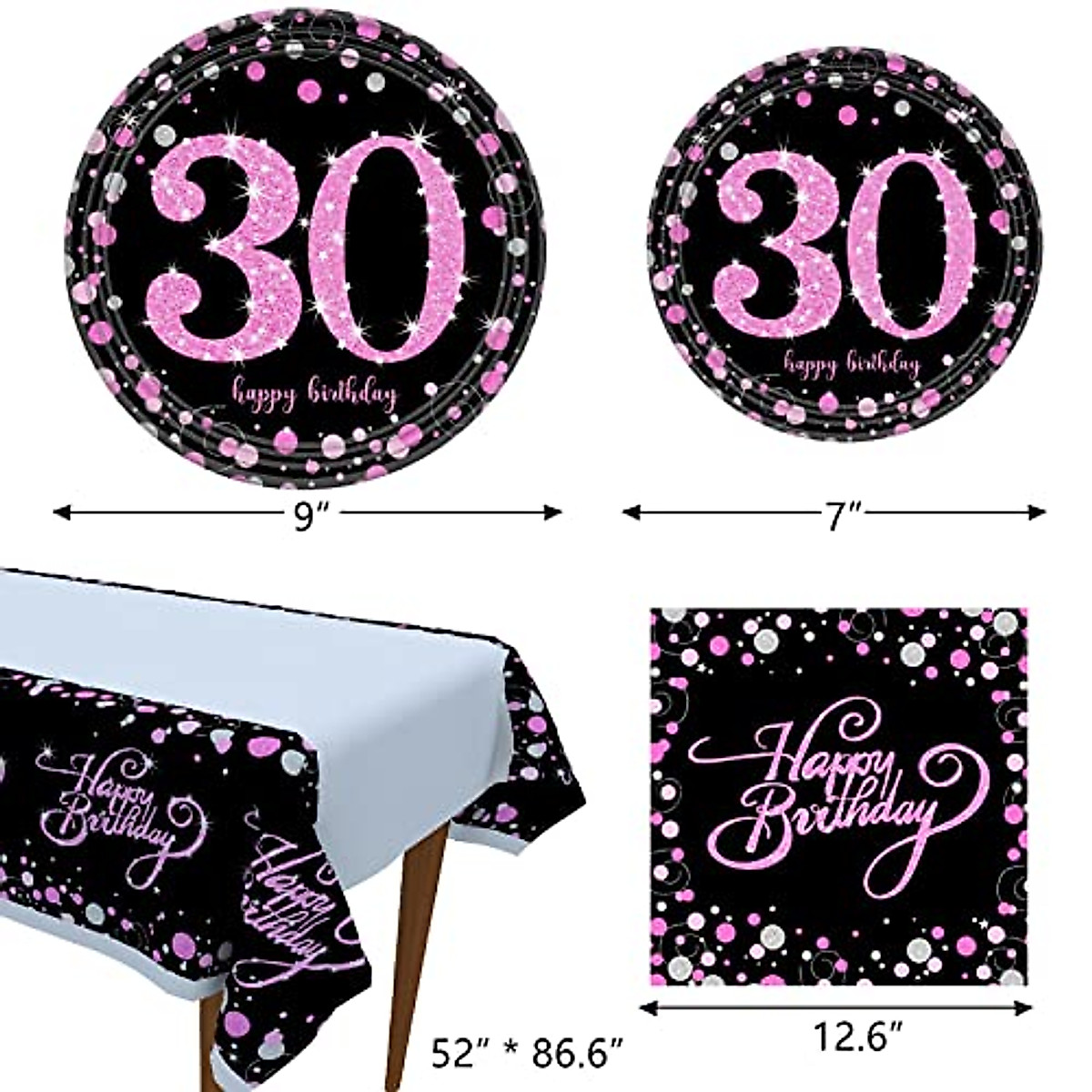 Rainmae 30th Pink Gold Birthday Party Supplies Tableware Set-16 Guests Include Plates Cups Napkins Knives Spoons Forks Table Cloth Banner for 30 Years Old Party Decoration Birthday Wedding Anniversary