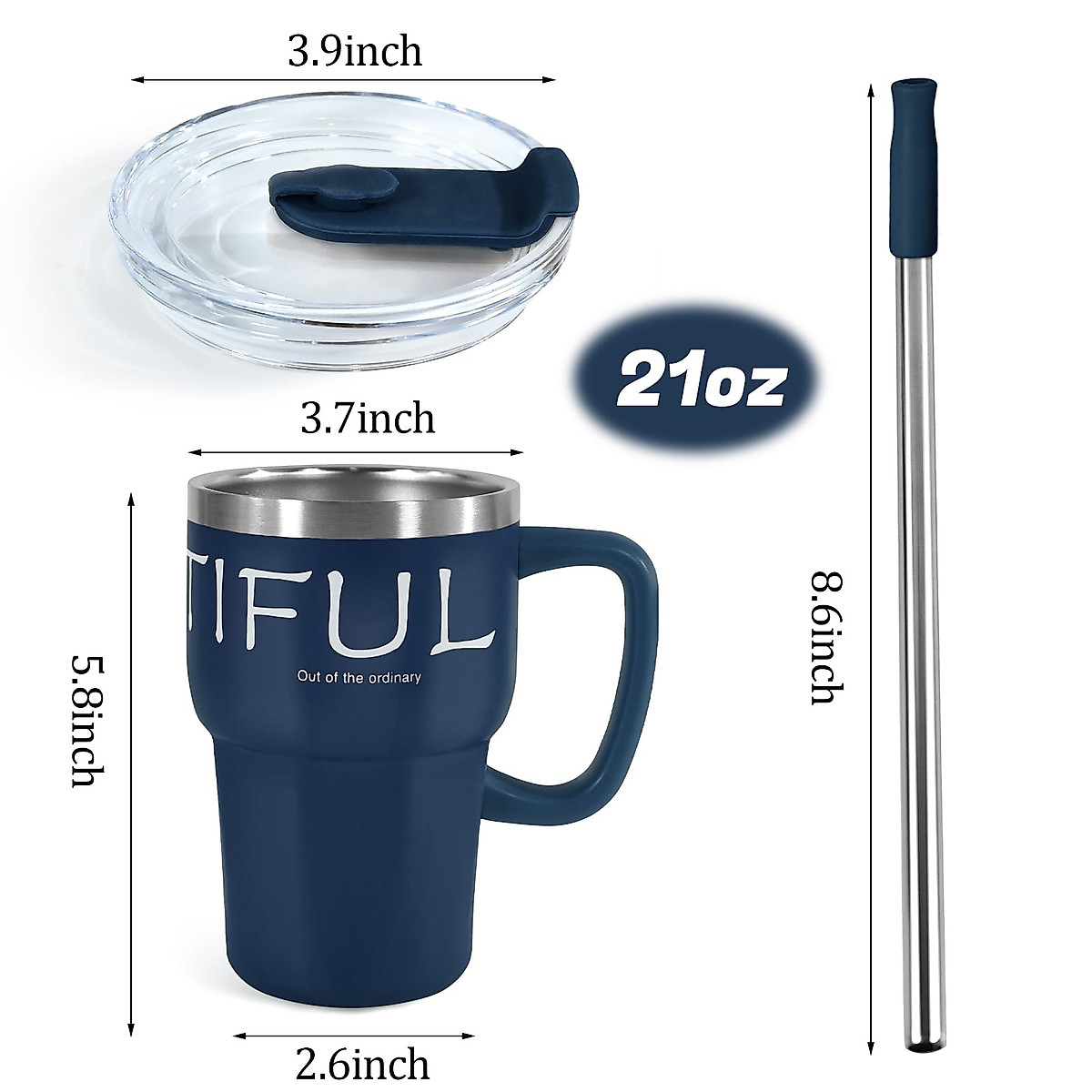 21 oz Insulated Coffee Mug Tumbler with Handle, Stainless Steel Travel Mug Tumbler with Lid and Straw, Coffee Travel Mug Spill Proof with Lid for Keep Hot/Ice Coffee, Blue