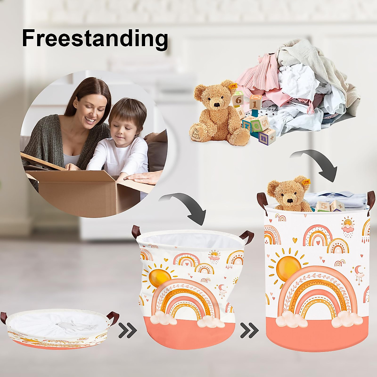 Clastyle Boho Rainbow Collapsible Laundry Basket with Handle Baby Girls Clothes Hamper for Nursery Kid Room Sun Moon Cloud Beach Towel Toy Storage Basket with Lid