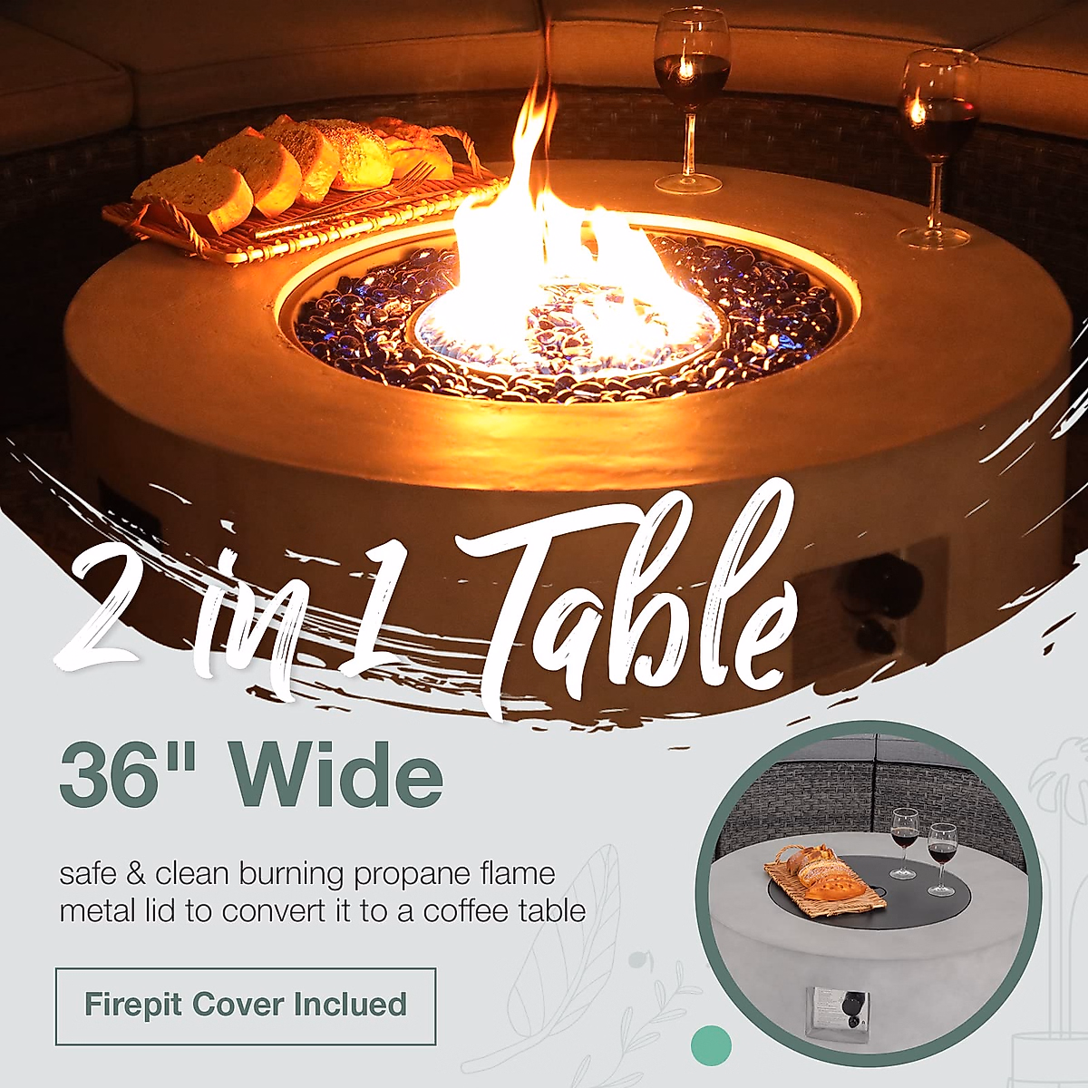 SUNSITT 8 Piece Patio Furniture Set with Propane Fire Pit Half-Moon Curved Patio Set Outdoor Sectional Sofa with 36in Grey Gas Fire Table & Tank Cover, Grey Rattan