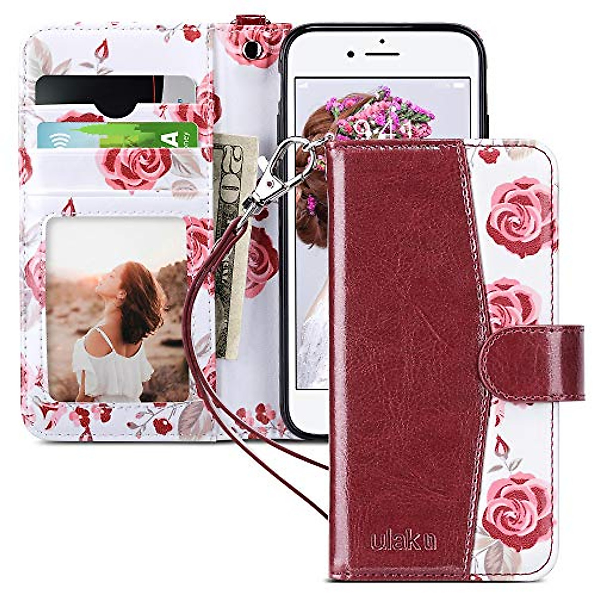 ULAK iPhone 8 Wallet, iPhone SE Wallet Case 2020, iPhone SE 3 Wallet 2022, iPhone 7 Flip Wallet Case, PU Leather Kickstand Card Holder Protective Cover for iPhone 7/8/iPhone SE 2 3 Gen 4.7'', Burgundy