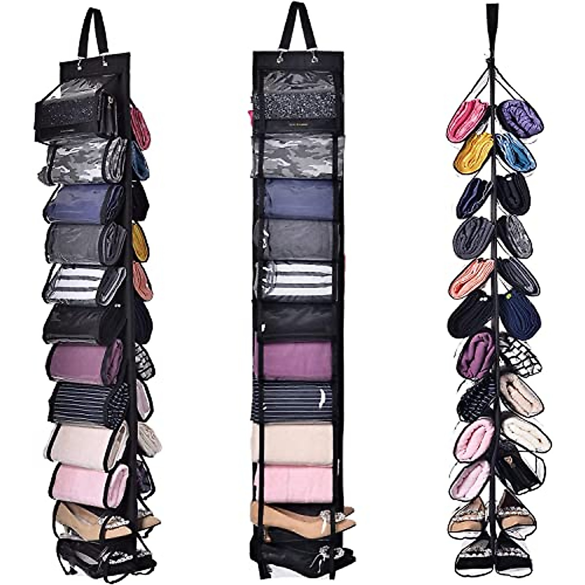 Legging Storage Bag Storage Hanger Can Holds 24 Leggings or T-shirt Shirts Jeans Compartment Storage Hanger, Foldable Leggings Organizer Clothes Portable Closets Roll Holder (Black)