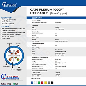 CAT6 Plenum (CMP) 1000ft Bulk Ethernet Cable | 100% Pure Solid Bare Copper | 550MHz, 23AWG, 4Pair UTP 10GB Internet Cable for Networking & Gaming (White)