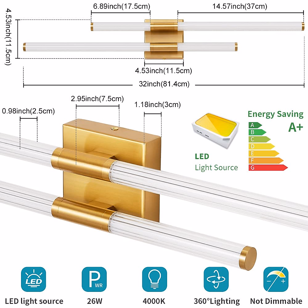 NADOSA Bathroom Light Fixture Over Mirror 32 Inch, LED Dimmable Vanity Light 4000K Gold Modern Wall Sconce Led Vanity Lighting for Restroom