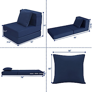 MeMoreCool Foldable Futon Chair Bed Sleeper for Adults, Single Sofa Bed Folding Mattress 6 Inch, Fold Out Couch Bed with Pillow, Convertible Foam Floor Sofa Sleeping Tri Fold Mattress Chair (Navy)