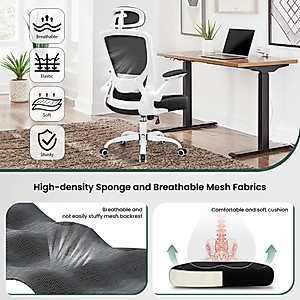 KERDOM Ergonomic Office Chair, Breathable Mesh Desk Chair, Lumbar Support Computer Chair with Headrest and Flip-up Arms, Swivel Task Chair, Adjustable Height Gaming Chair, White